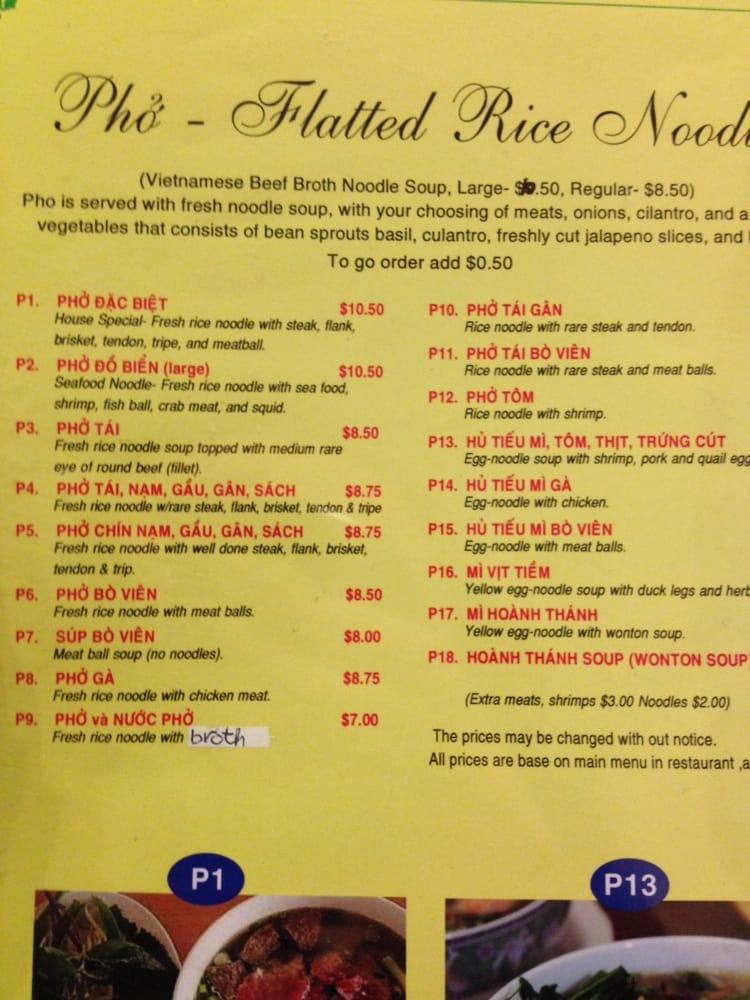 Menu at Pho Viet restaurant, Milwaukee, S 27th St