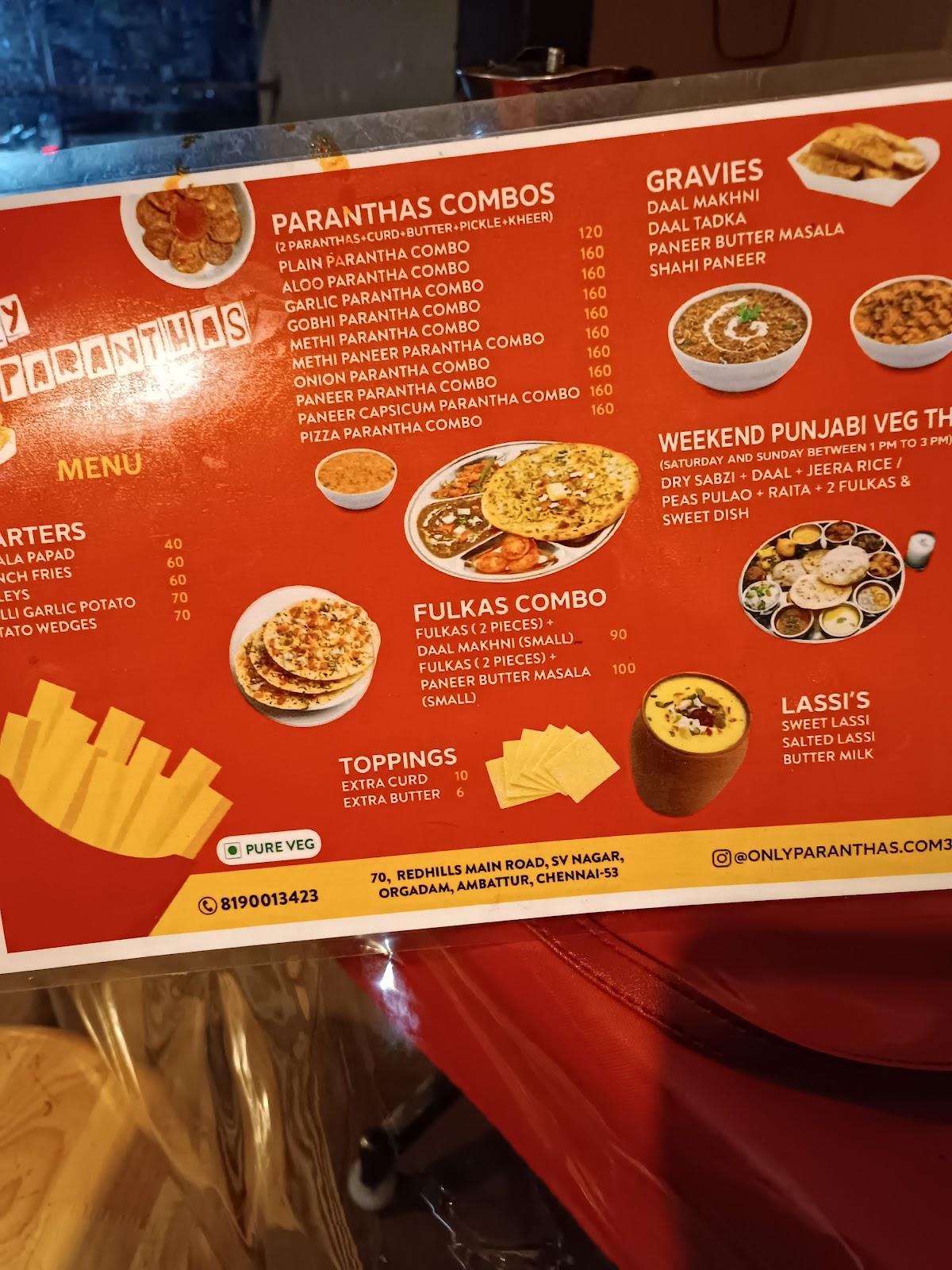 Menu at Punjabi Hut's Only Paranthas, Chennai