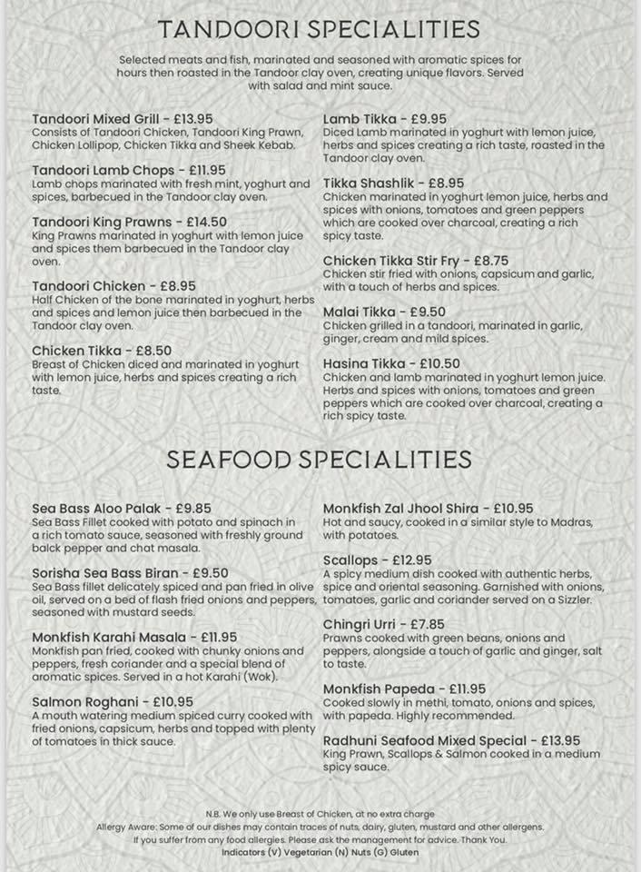 Menu at Radhuni restaurant, South Shields