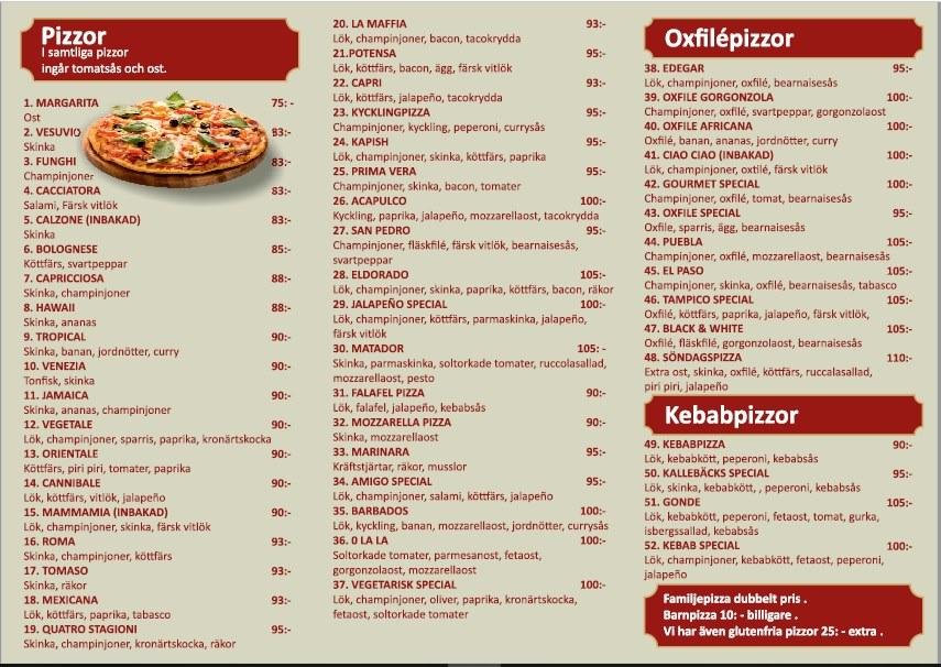 Menu at Tampico pizza restaurant, Gothenburg