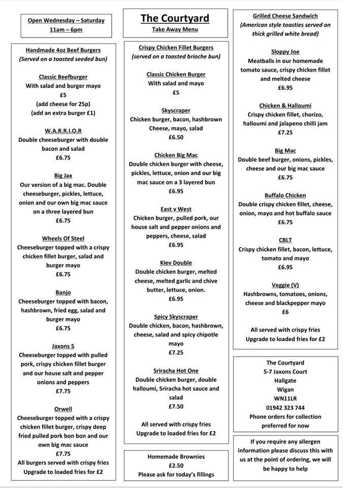 Menu at The Courtyard Cafe, Wigan