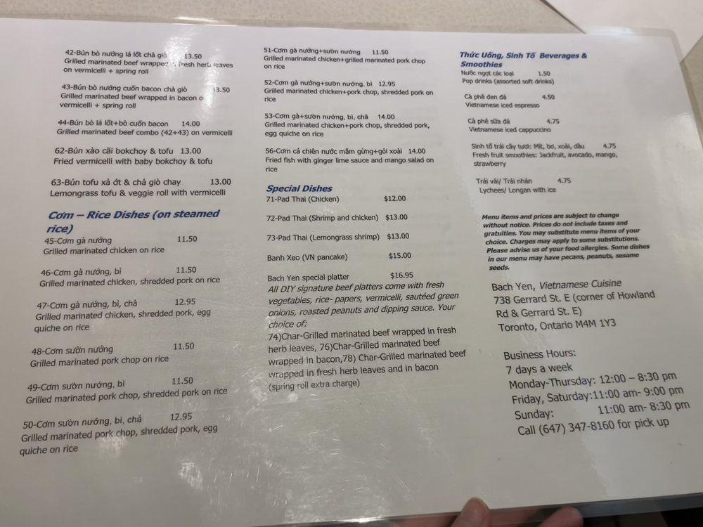 Menu at Bach Yen Vietnamese Cuisine restaurant, Toronto