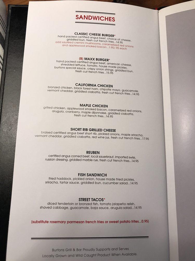 Menu at Burtons Grill & Bar, Boca Raton