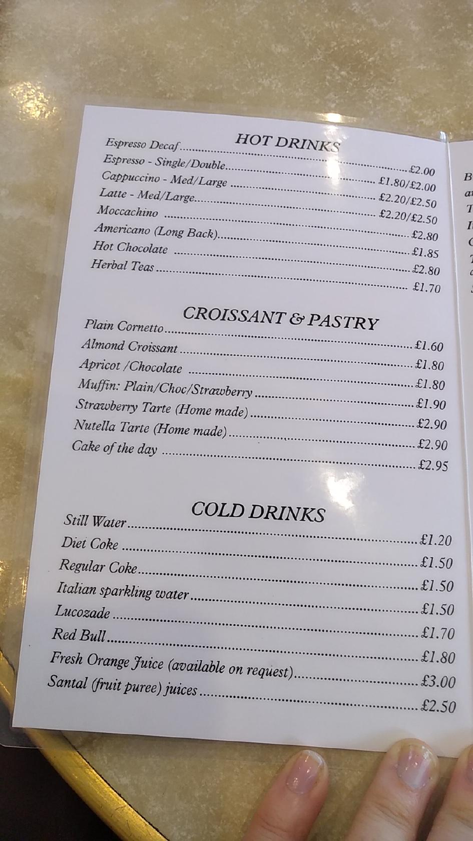 Menu at Cafè Davinci cafe, Croydon