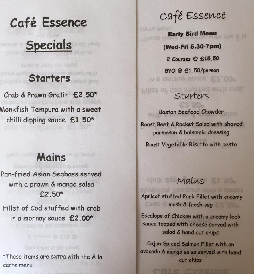 Menu at Cafe Essence, Bangor