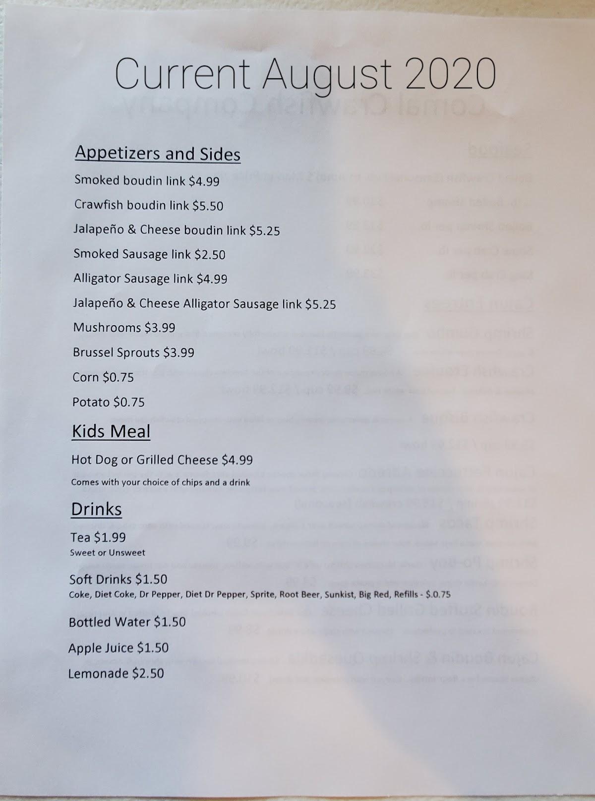 Menu at Comal Crawfish Company restaurant, New Braunfels, 311 FM306 #1B