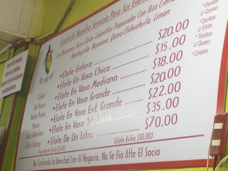 Menu at Elotes El Socio restaurant, Chihuahua, Arquitectura 901