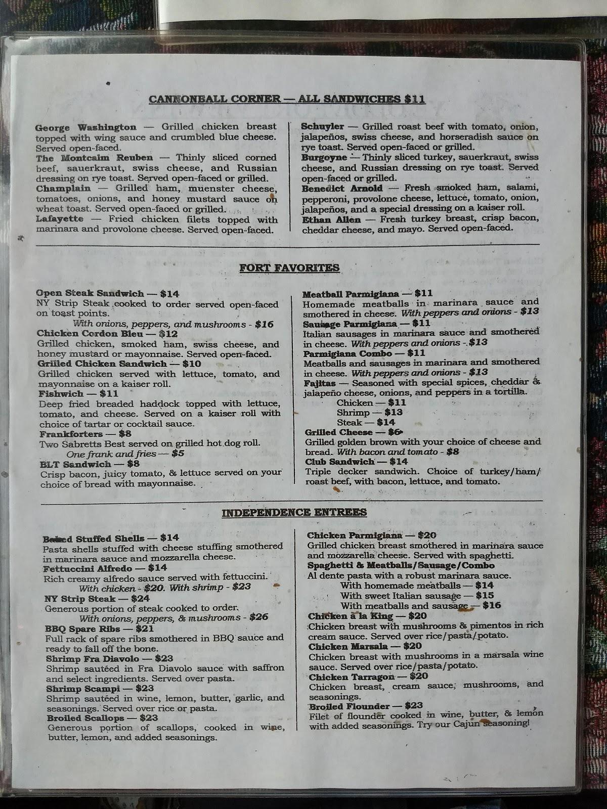 Menu at Fort View Inn restaurant, Ticonderoga