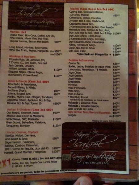 Menu at Isabel Restaurant Bar & Friends, Cabo San Lucas