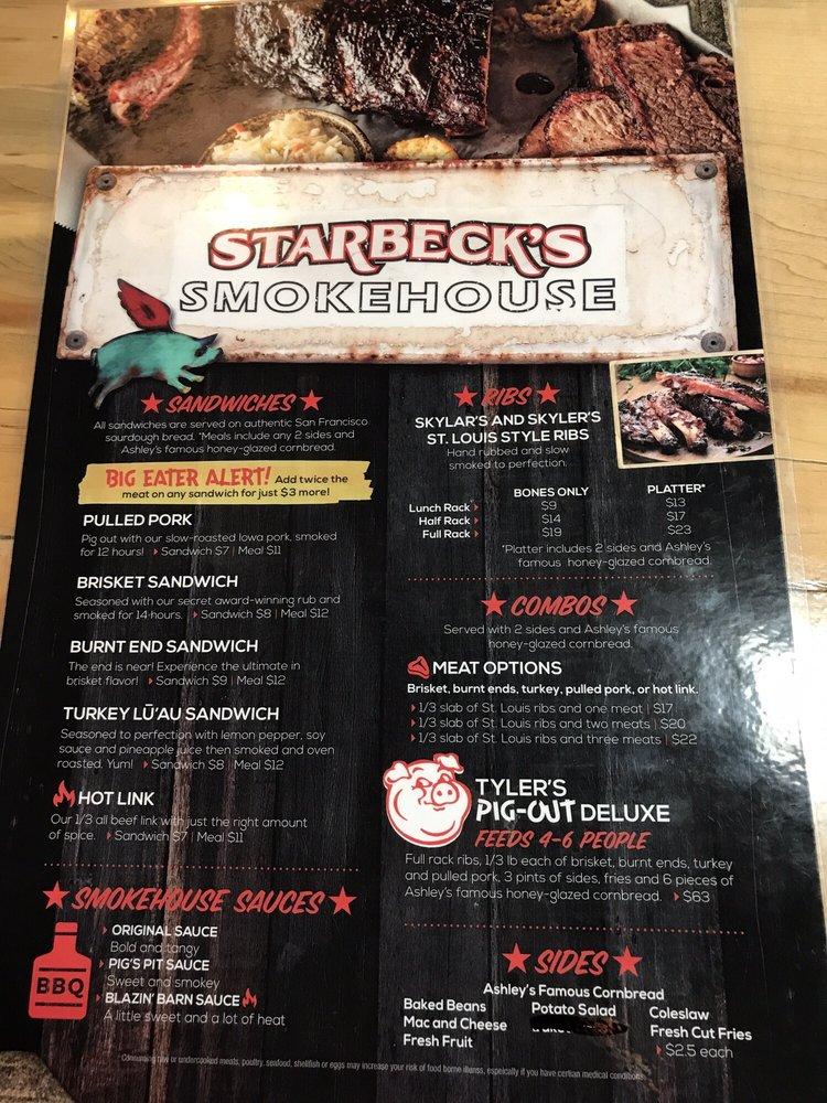 Menu at Starbeck's Smokehouse BBQ, Cedar Falls