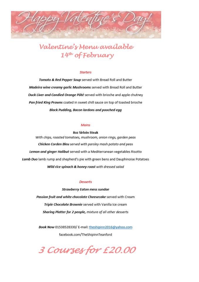 Menu at The Ship Inn pub & bar, Tean, Cheadle Rd