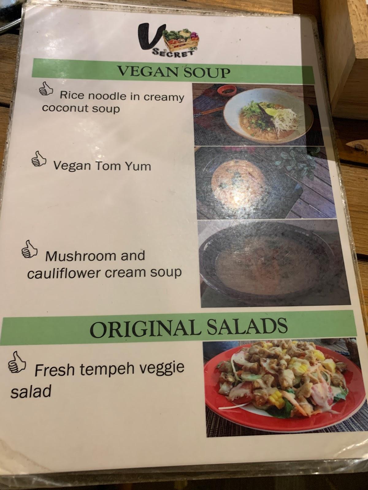 Menu at V Secret Vegan restaurant, Chiang Mai