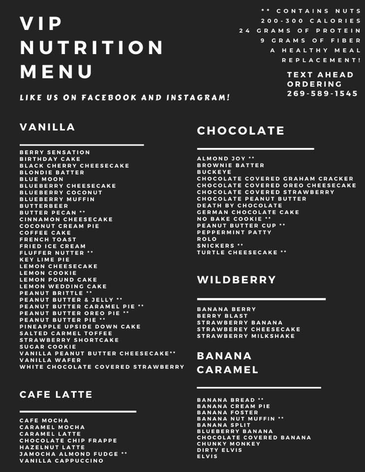 Carta del pub y bar VIP Nutrition, Marshall