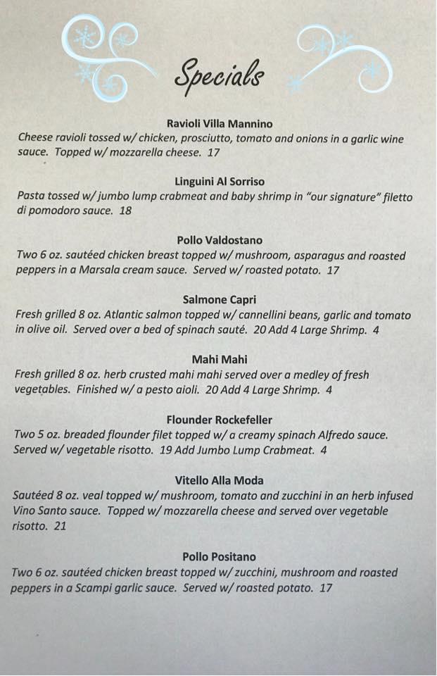 Menu at Villa Mannino pizzeria, Trenton, 73 US-130