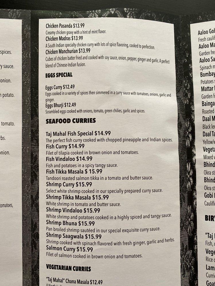 Menu at Taj Mahal Grill restaurant, Kennesaw