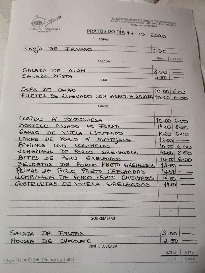 Carta del restaurante A Choupana, Evora, R. dos Mercadores 20