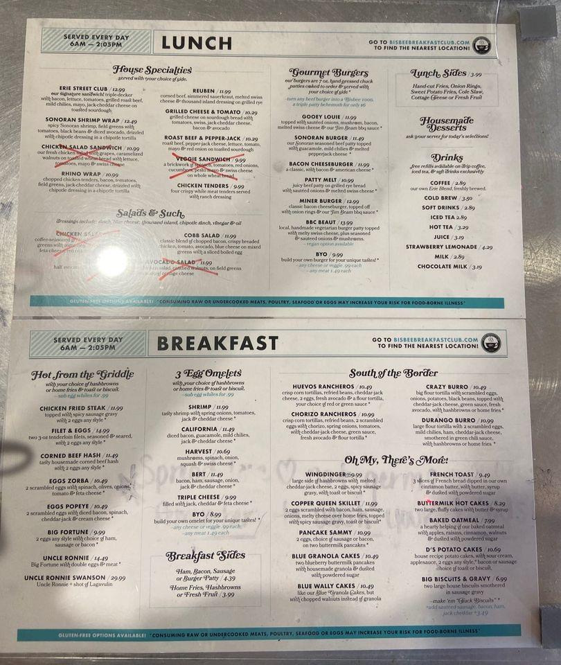 Menu at Bisbee Breakfast Club, Tucson, W Ina Rd