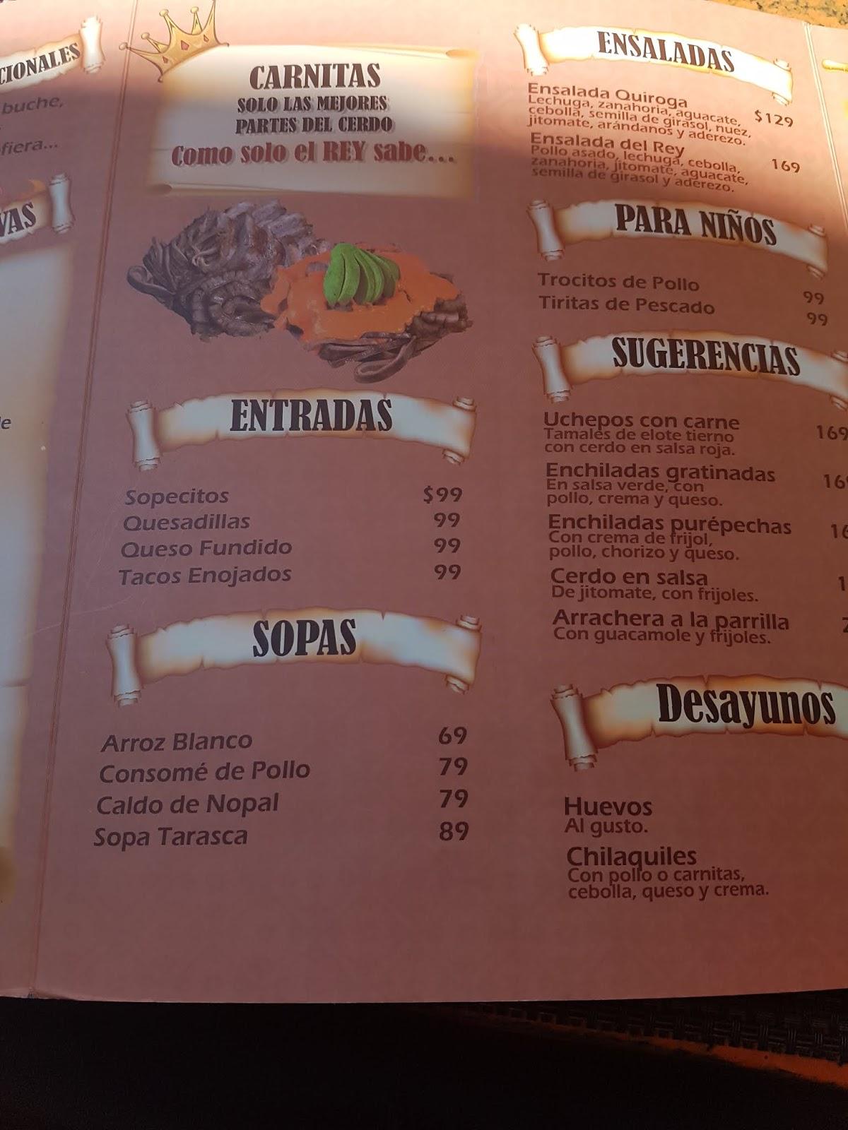 Menu at El Rey de las Carnitas restaurant, Quiroga, Plaza Principal