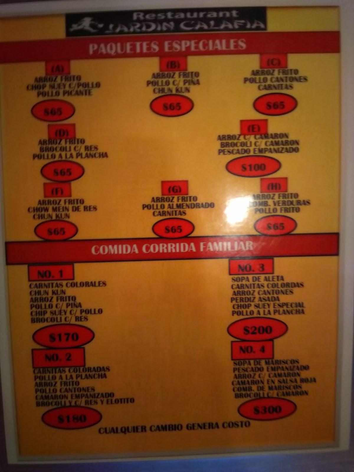 Carta de Jardin Calafia Restaurant Comida China, Mexicali
