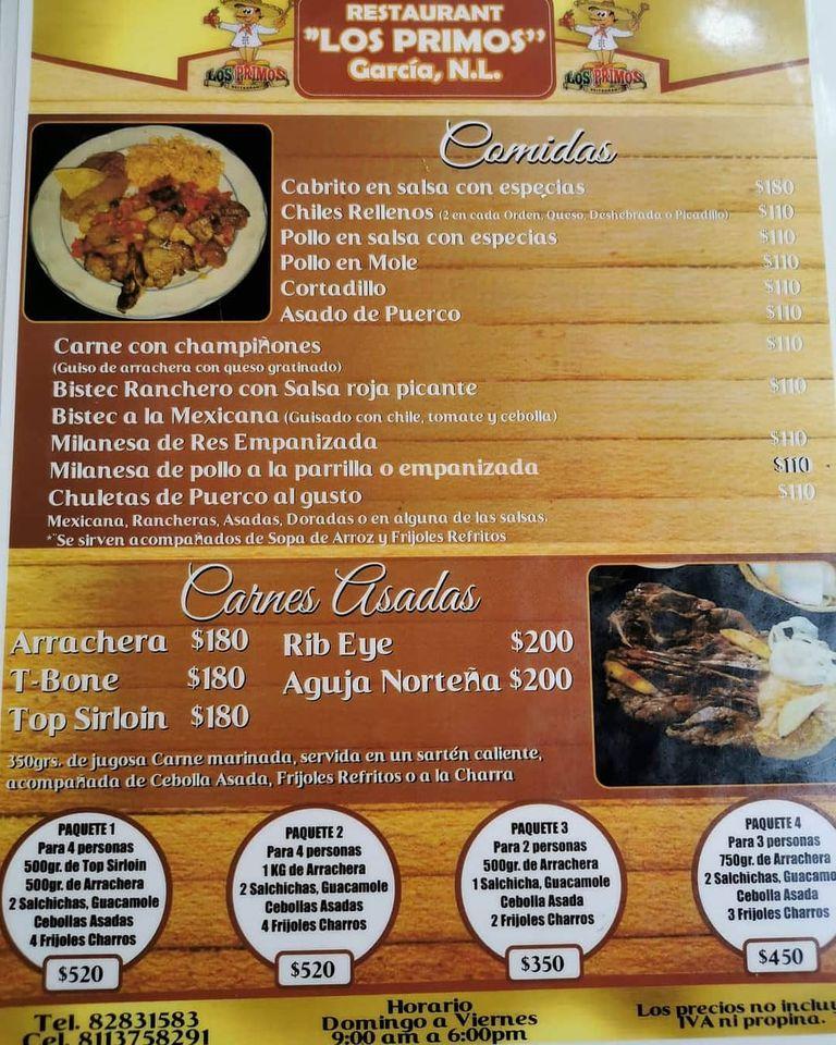 Carta del restaurante Los Primos, García