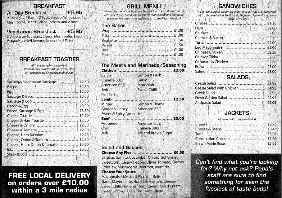 Menu at Papa's Cafe Bistro, Liverpool