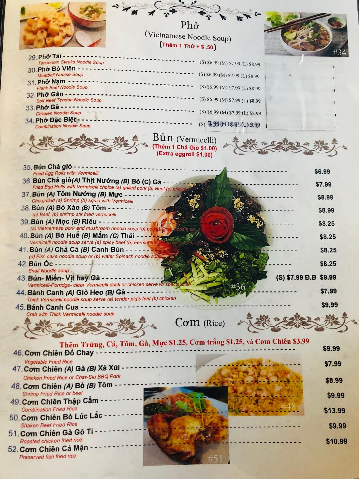 Menu at San Vuon restaurant, Houston