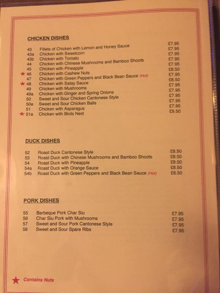 Menu at The Water Margin restaurant, Witney