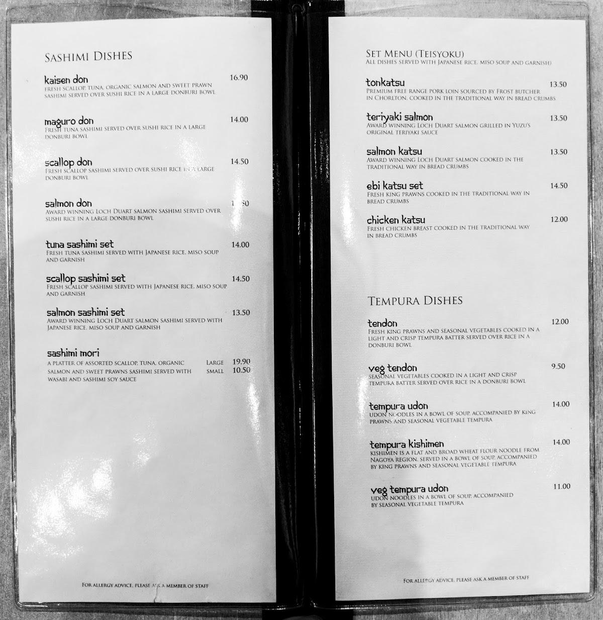 Carta del restaurante Yuzu Japanese Tapas, Manchester