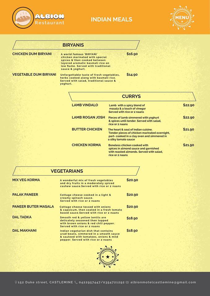 Menu at Albion Hotel, Castlemaine