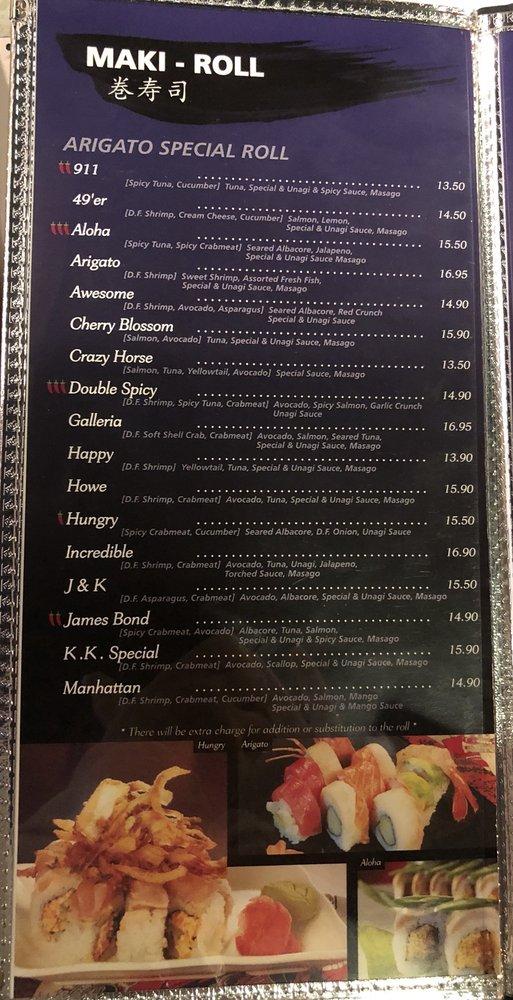Menu at Arigato Sushi restaurant, Gold River