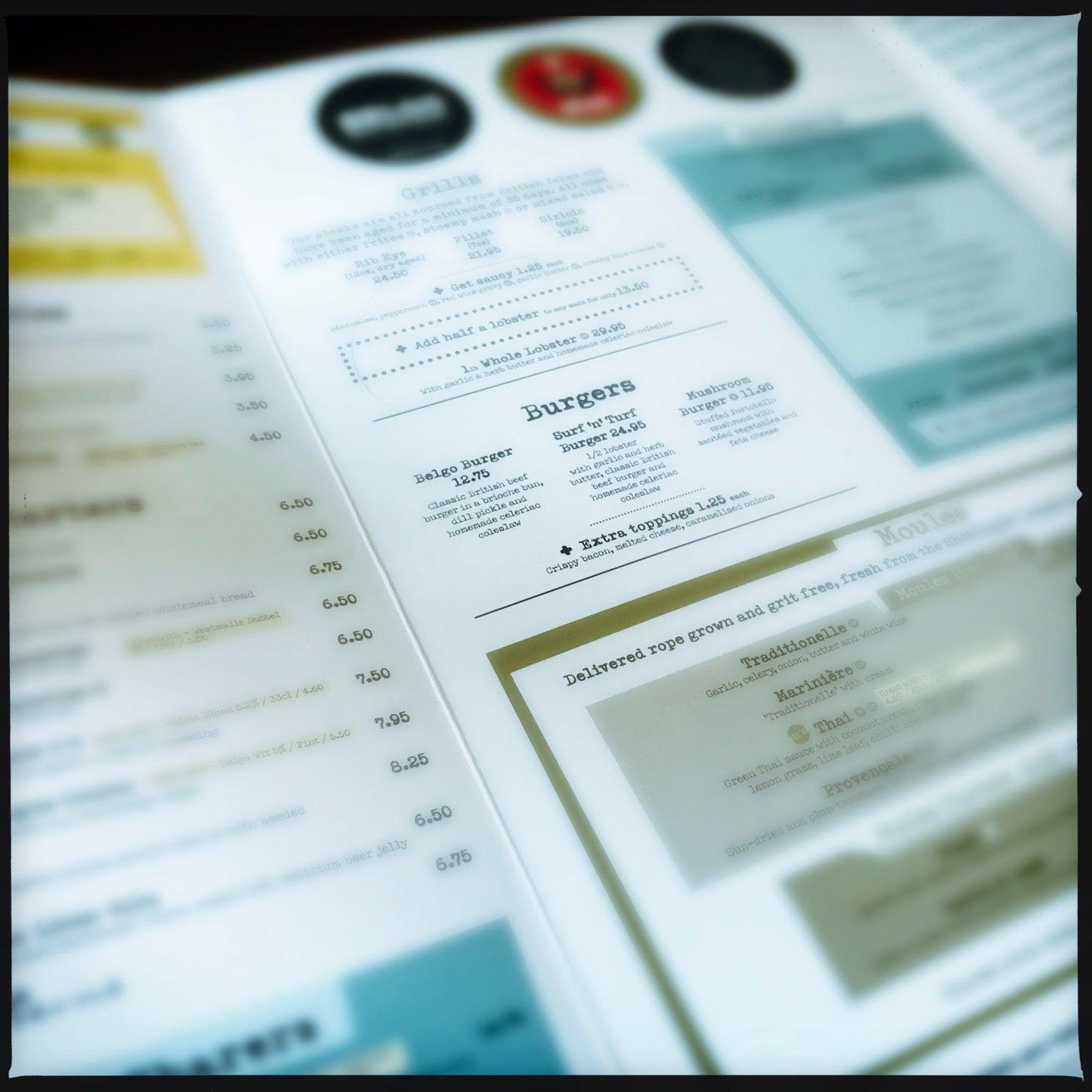 Menu at Belgo restaurant, London, 29-31 Old Compton Street