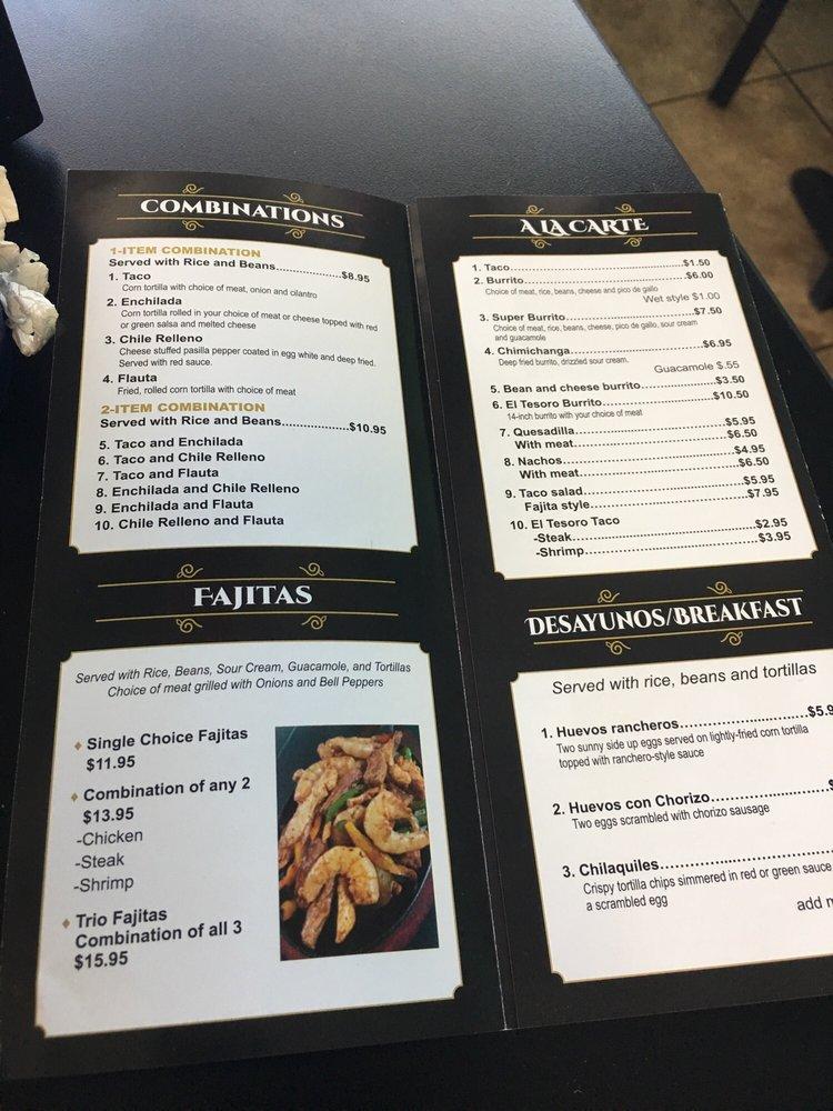 Menu at El Tesoro Mazatlan restaurant, Vallejo