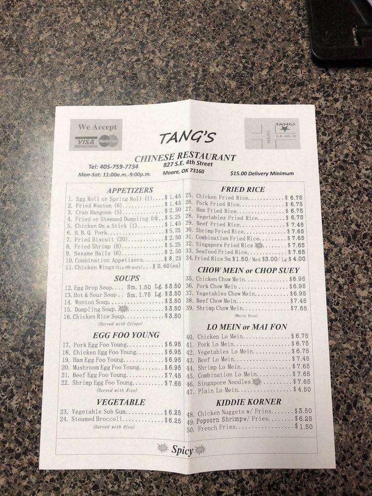 Menu at Tang's Restaurant, Moore