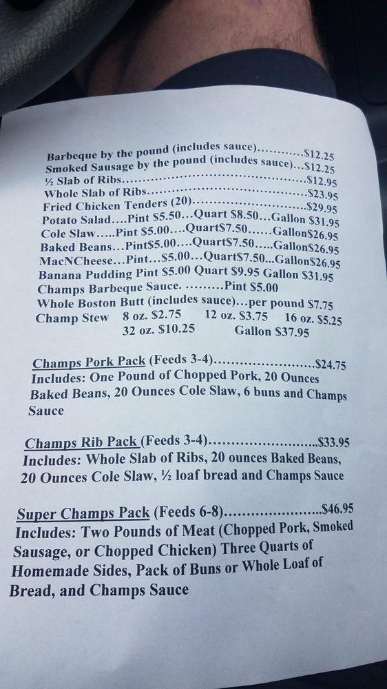 Menu at Champs Barbeque, Wetumpka