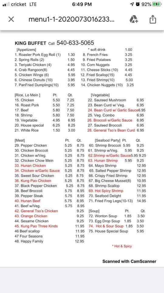 Menu at King Buffet restaurant, Fairlawn