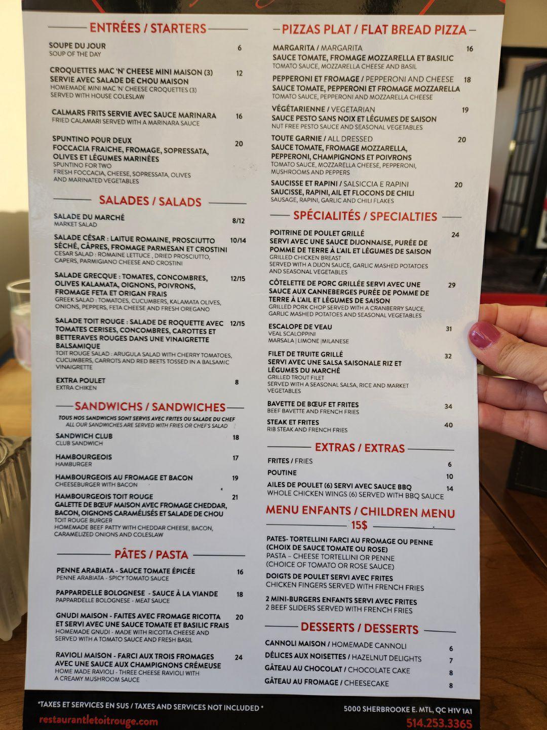 Menu au Le Toit Rouge pub et bar, Montréal