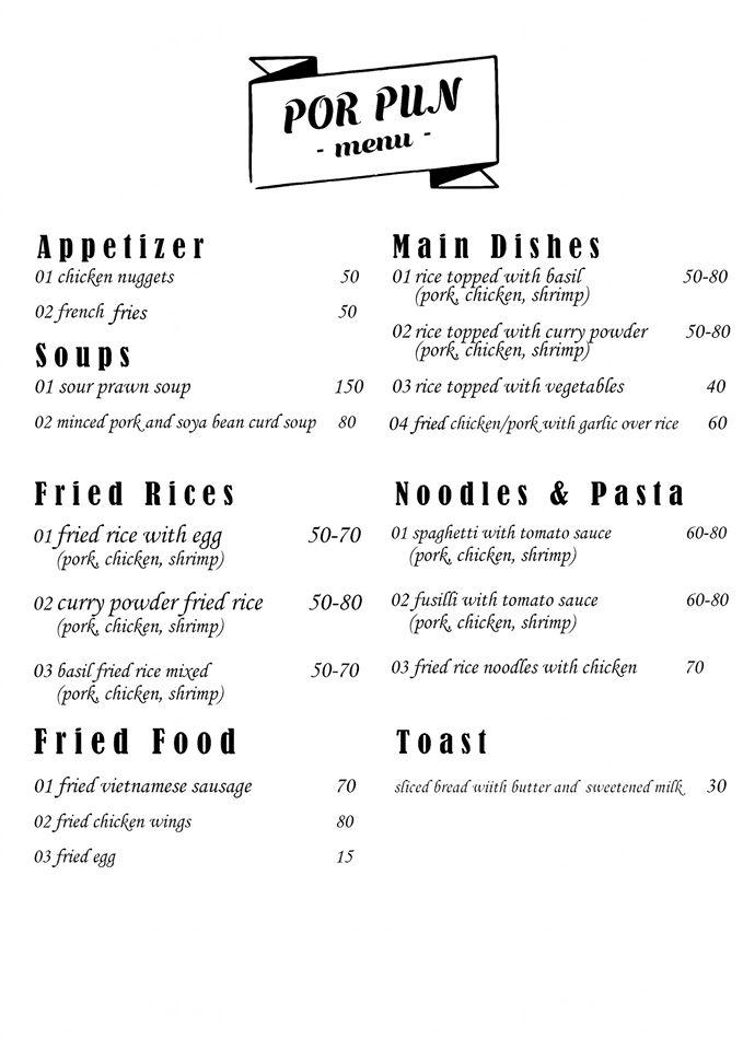 Menu at Por Pun Cafe, Uthai Mai, Sri-Uthai