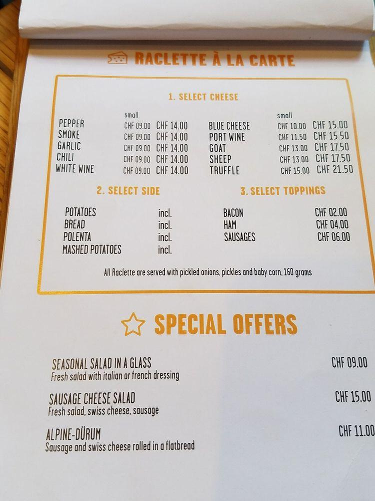 Menu at Raclette Factory, Zürich