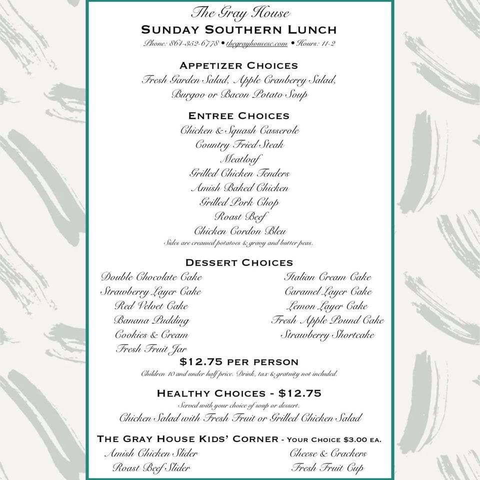 Menu at Gray House restaurant, Starr