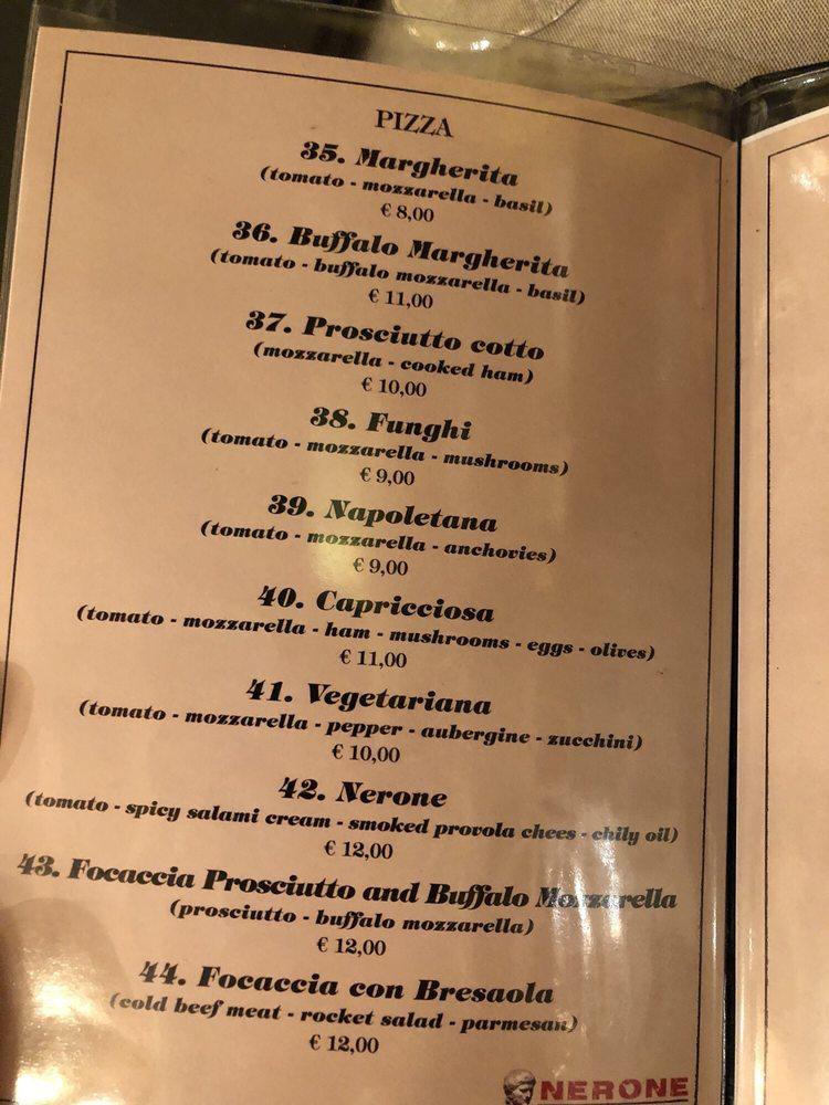 Menu at Nerone pizzeria, Rome, Via del Viminale