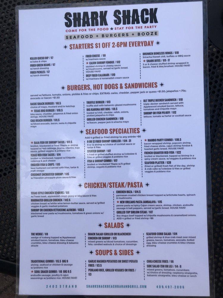 Menu at Shark Shack restaurant, Galveston