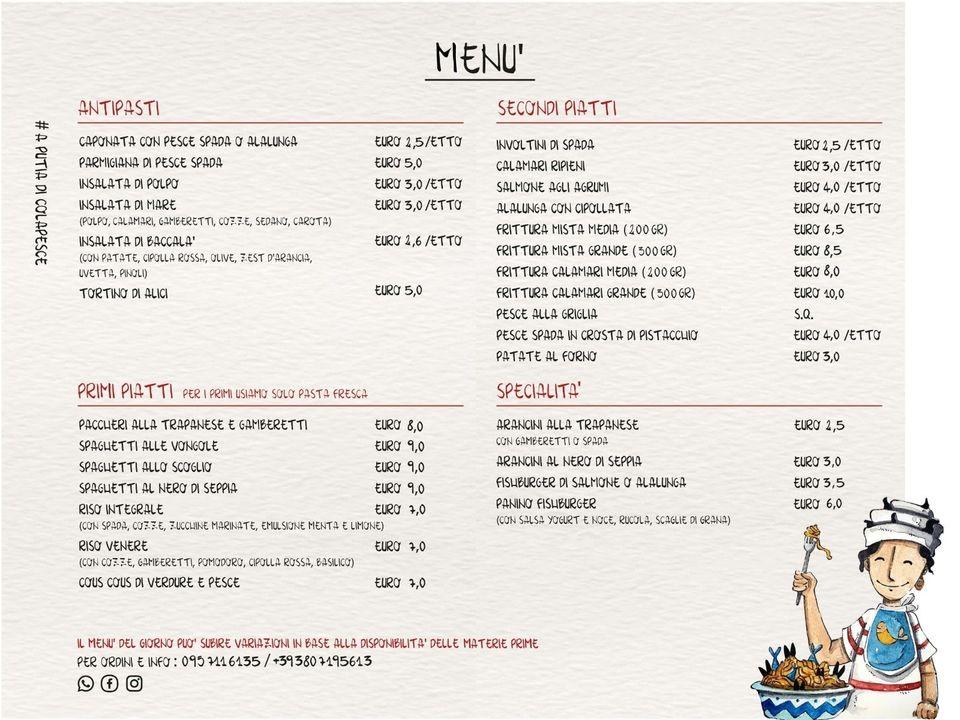 Carta del restaurante A putìa di Colapesce, Aci Castello