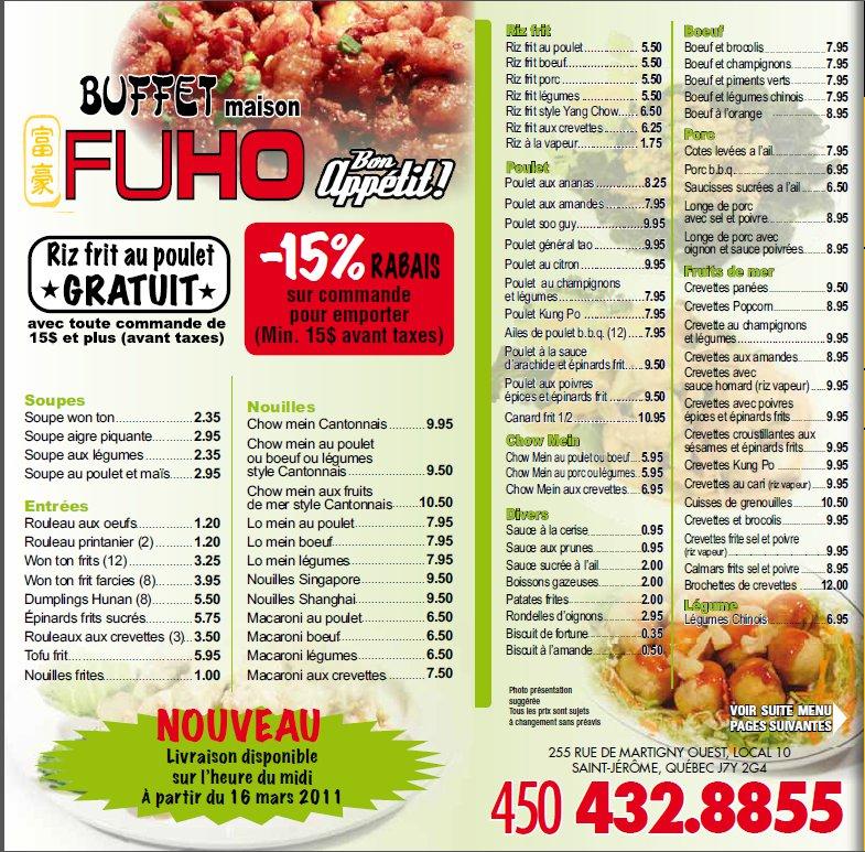 Menu au Buffet Fuho restaurant, Saint-Jérôme