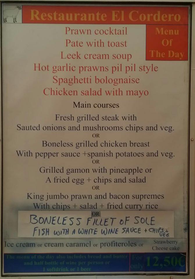 Menu at Restaurante El Cordero, Benalmádena