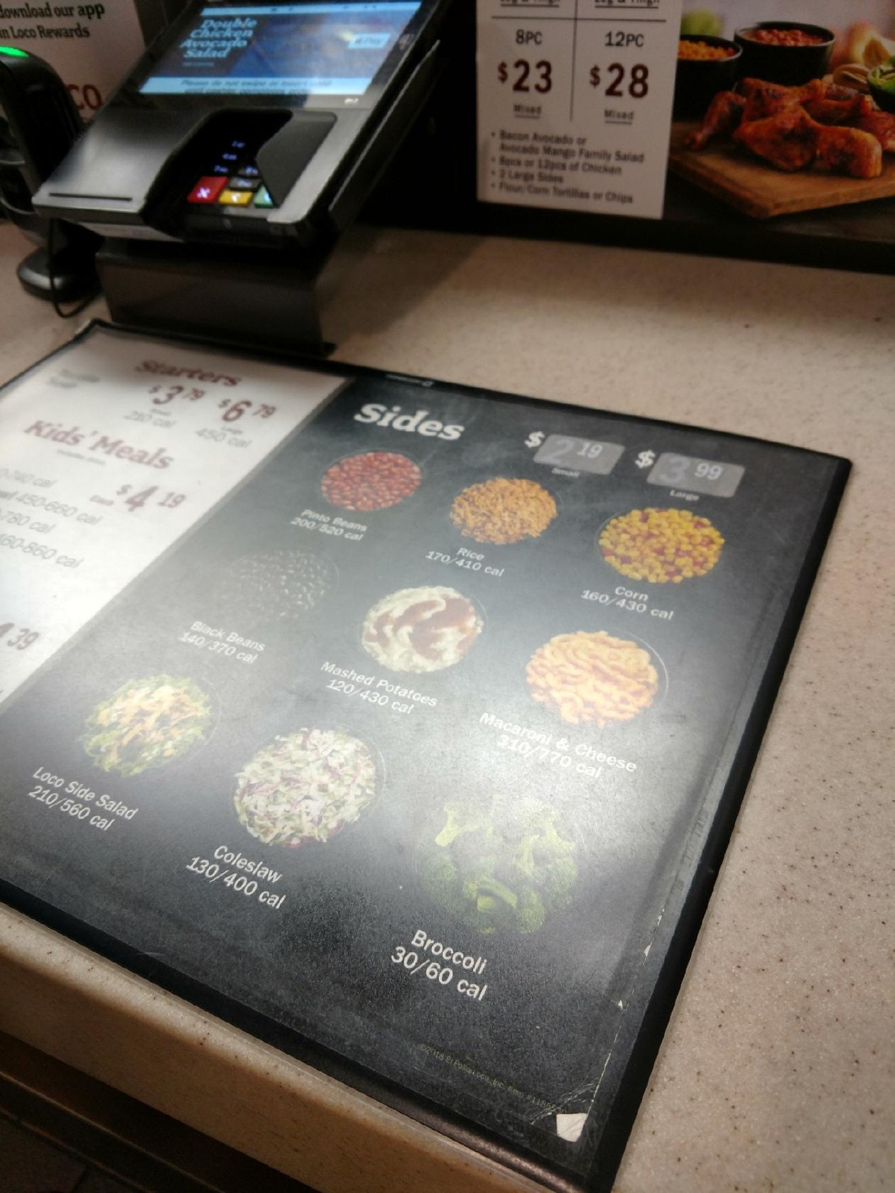 Menu at El Pollo Loco fast food, Whittier, Washington Blvd