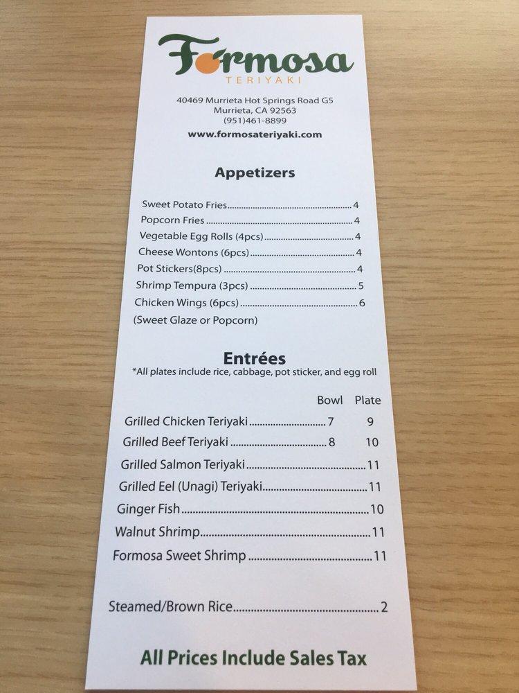 Menu at Formosa Teriyaki restaurant, Murrieta