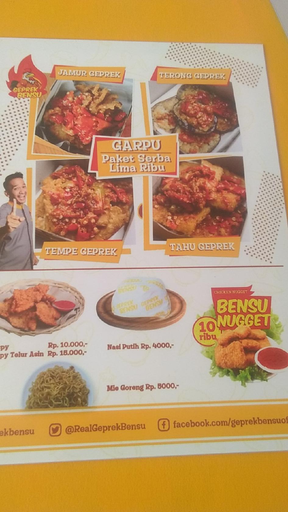 Menu at Geprek Bensu Lampung Diponegoro restaurant, Bandar Lampung