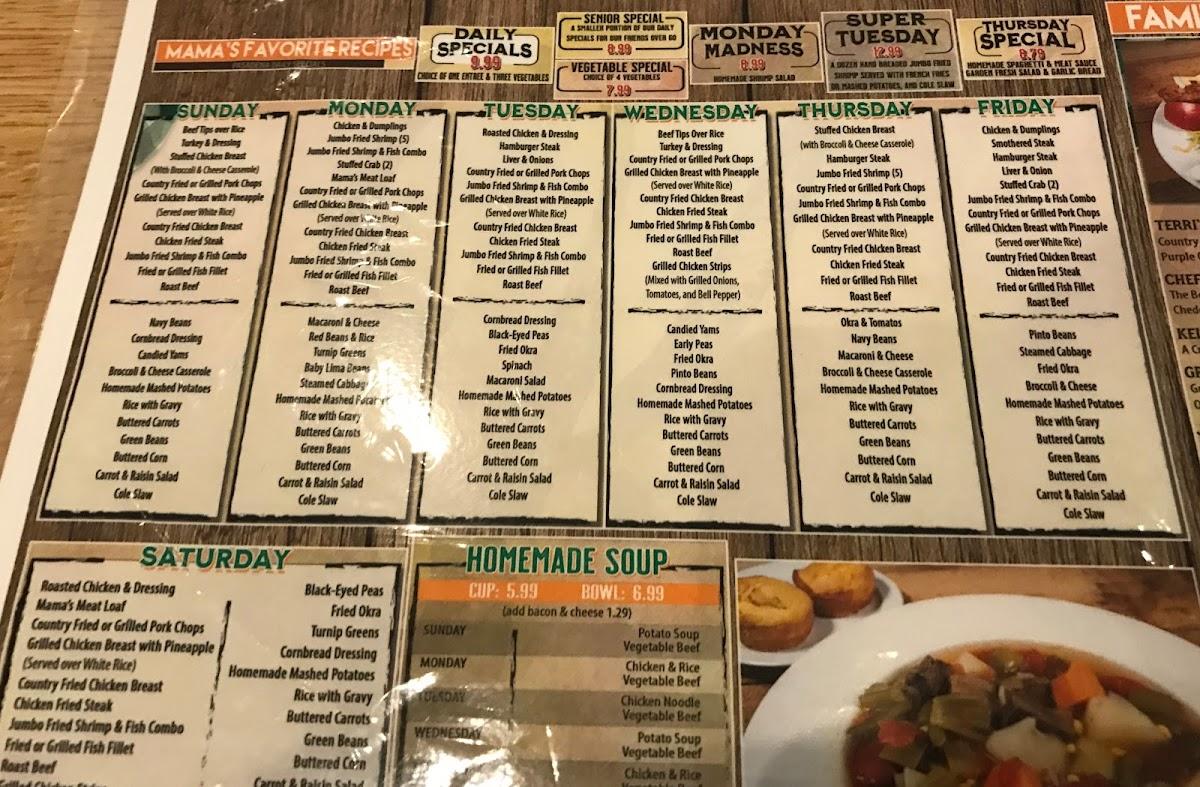 Menu at Kelley's Country Cookin' restaurant, Pasadena, Spencer Hwy