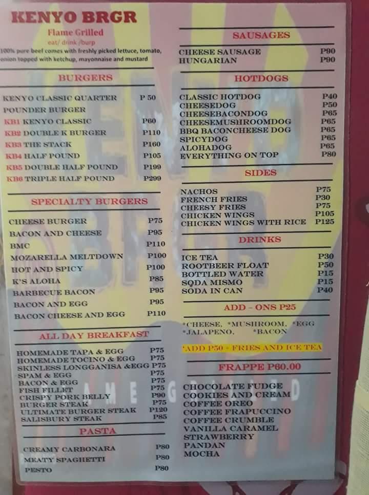 Menu at Kenyo Burger Orion restaurant, Orion