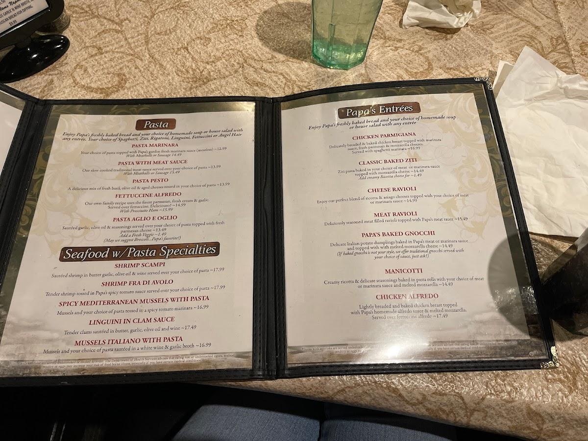 Menu at Papa's Italian Restaurant, Prescott, 129 1/2 N Cortez St